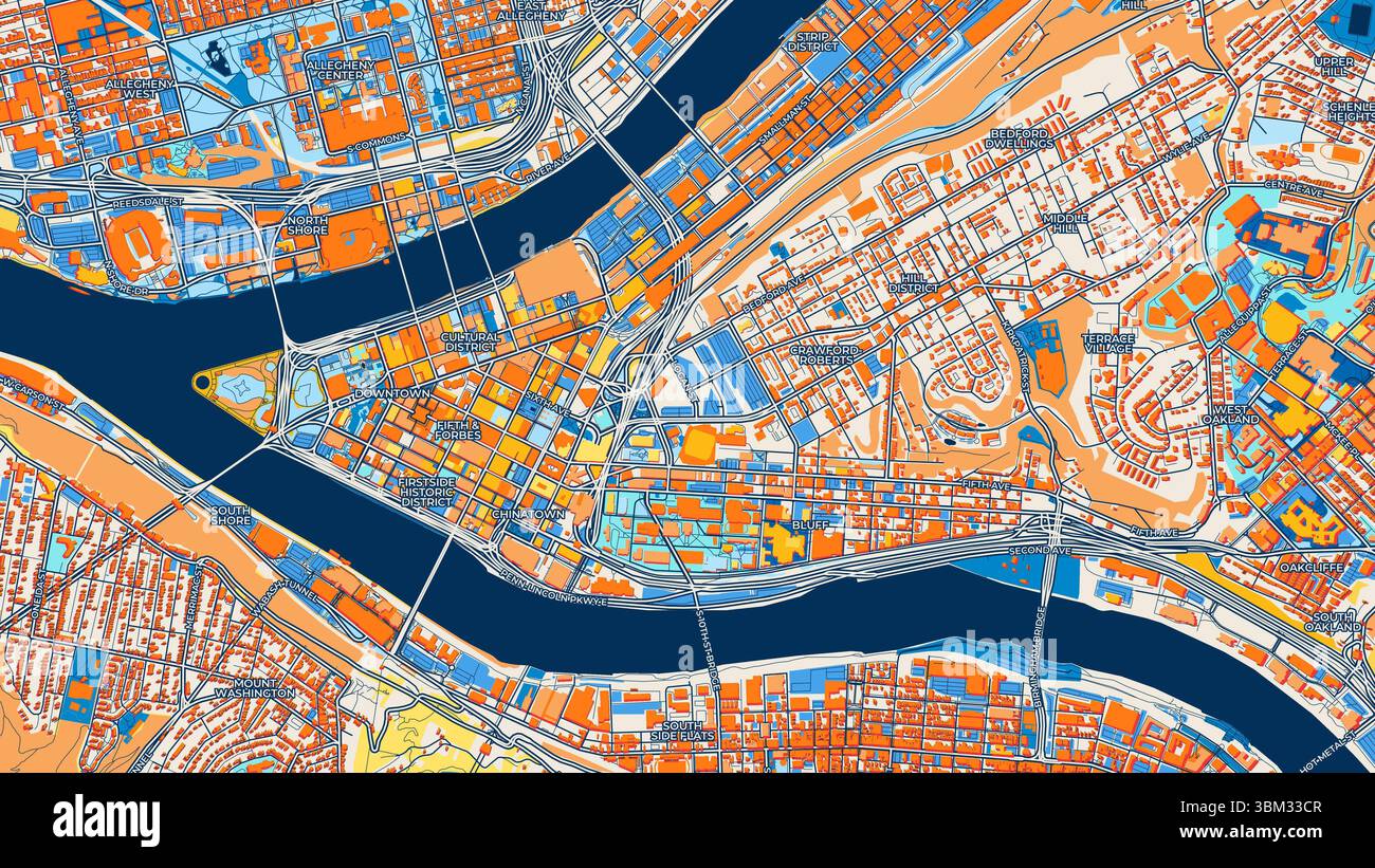Colorful Pittsburgh Art Map with Labels and Buildings with many details ...