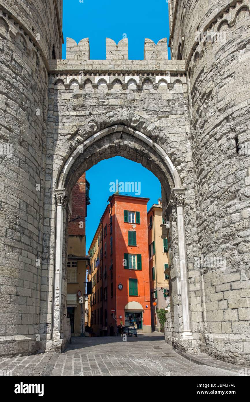 An archway in the famous medieval twin-towered stone gate known as ...