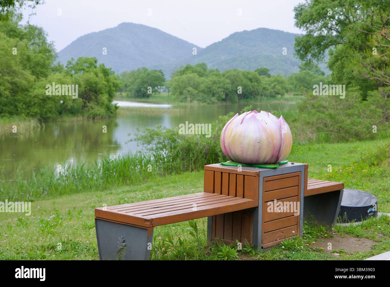 Namyangju City, South Korea - May 19th 2025: A bench adorned with a ...