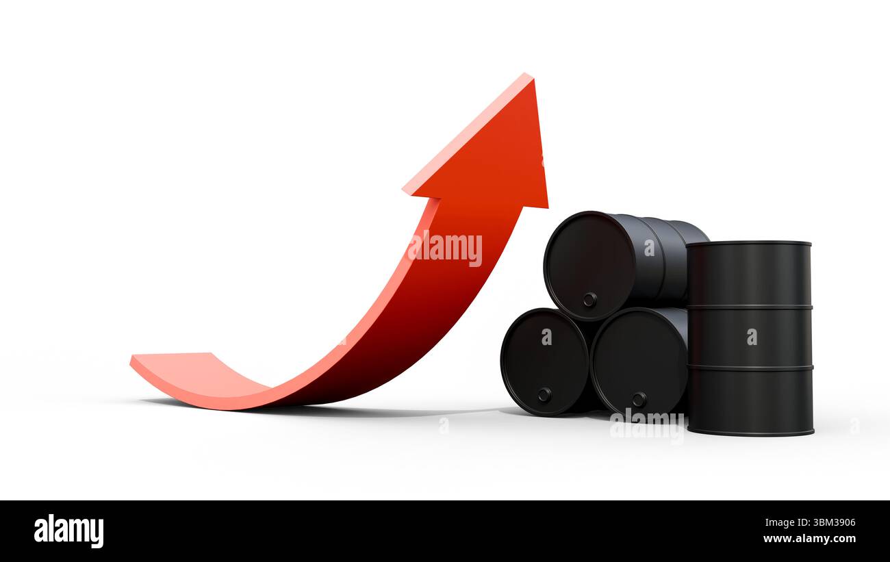Oil prices concept isolated on white background. Oil barrels with arrow ...