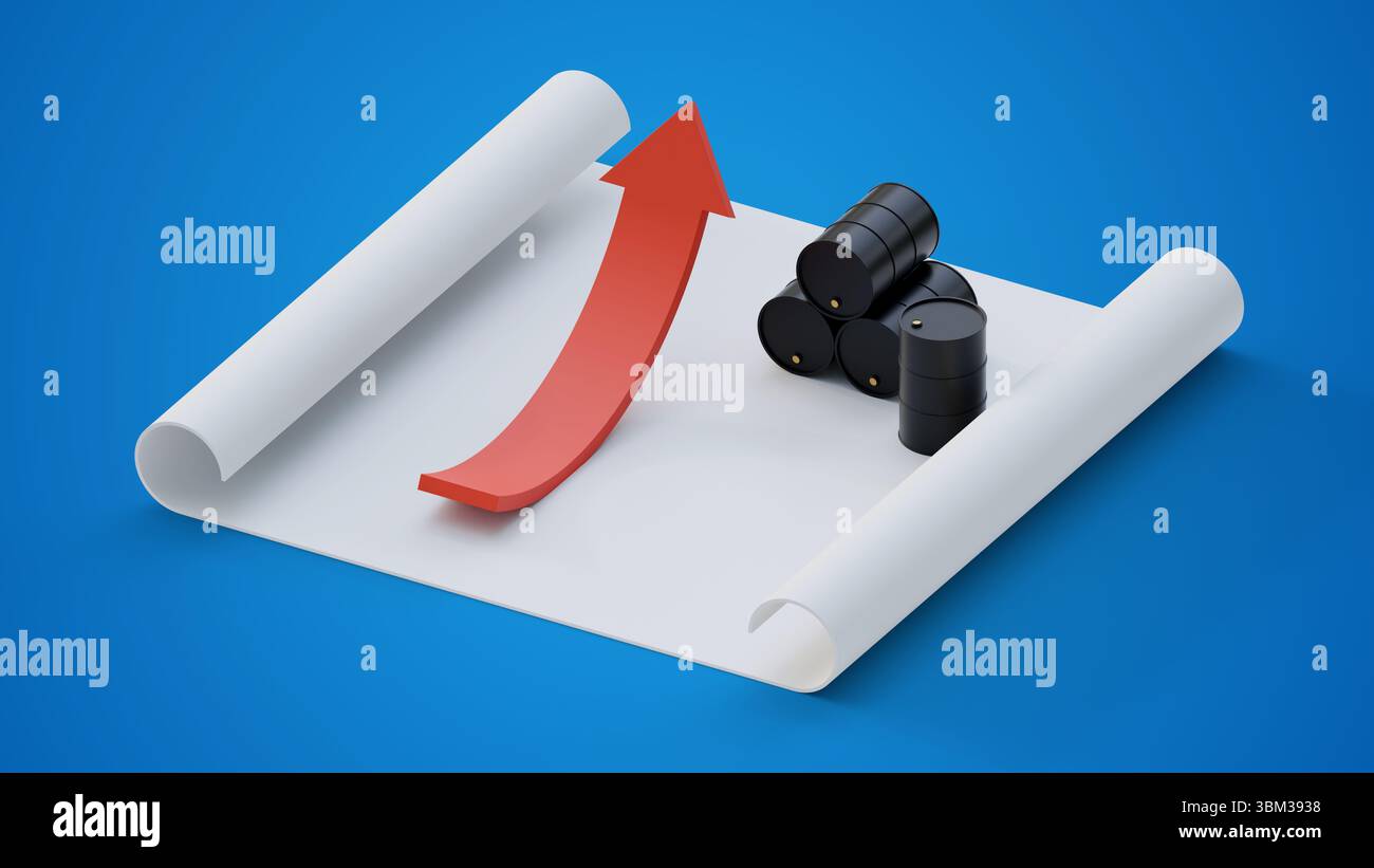 Oil prices concept isolated on white background. Oil barrels with arrow ...
