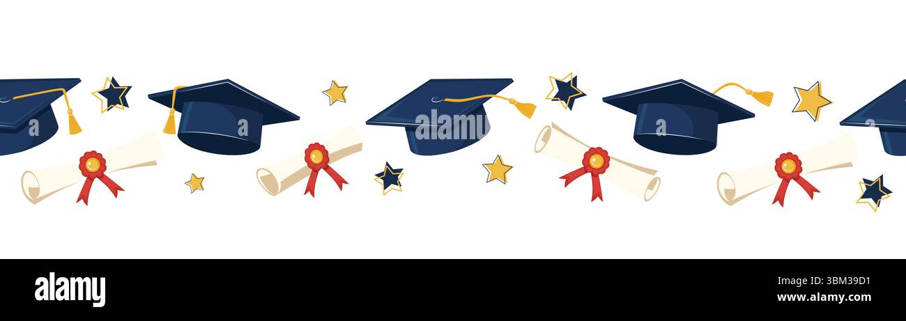 Graduation Cap With Diploma Scrolls And Stars. Horizontal Seamless ...