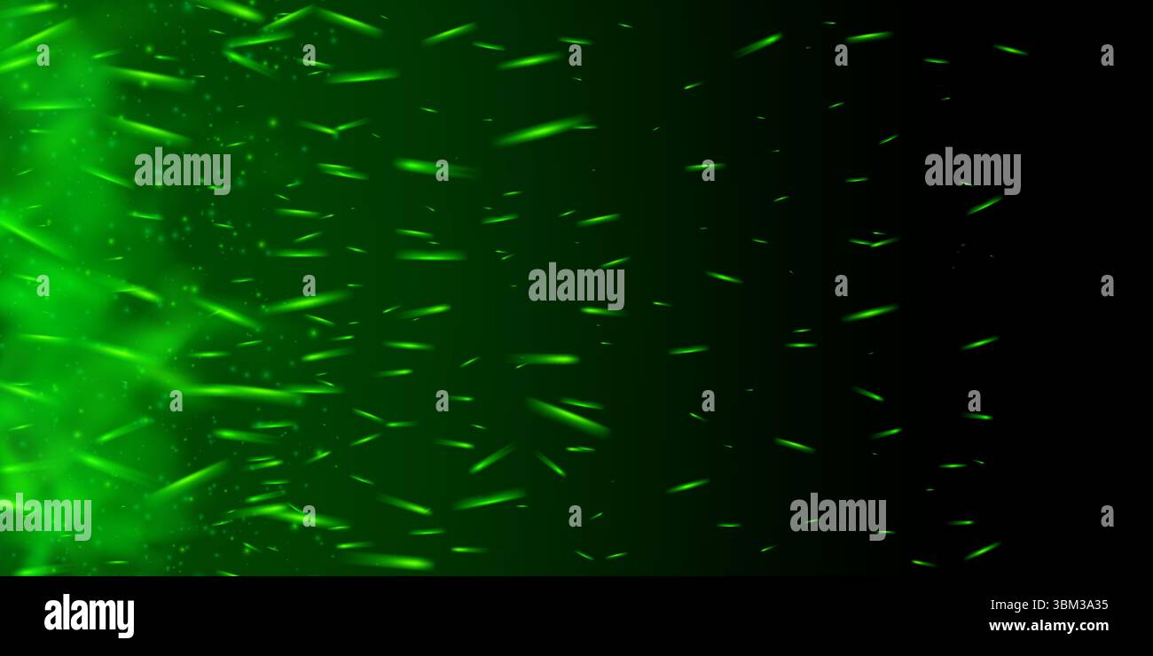 Glowing green flame with sparks and magical particles. Dark smoky ...