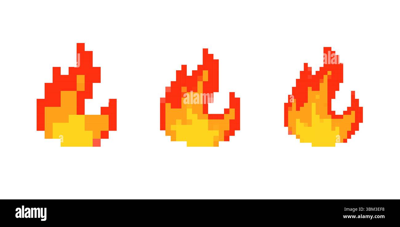 Mosaic pixel flames depicting classic 8 bit style in retro fire icon ...