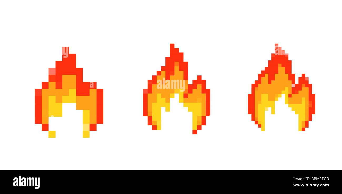 Mosaic pixel art fire icons in bright red and yellow for retro game design Stock Vector Image ...