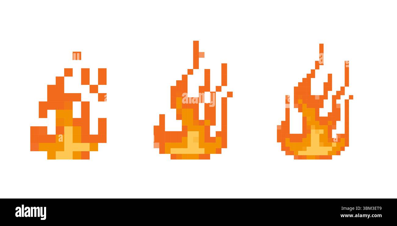 Mosaic pixel art flames in retro style featuring three dynamic fire icons Stock Vector Image ...