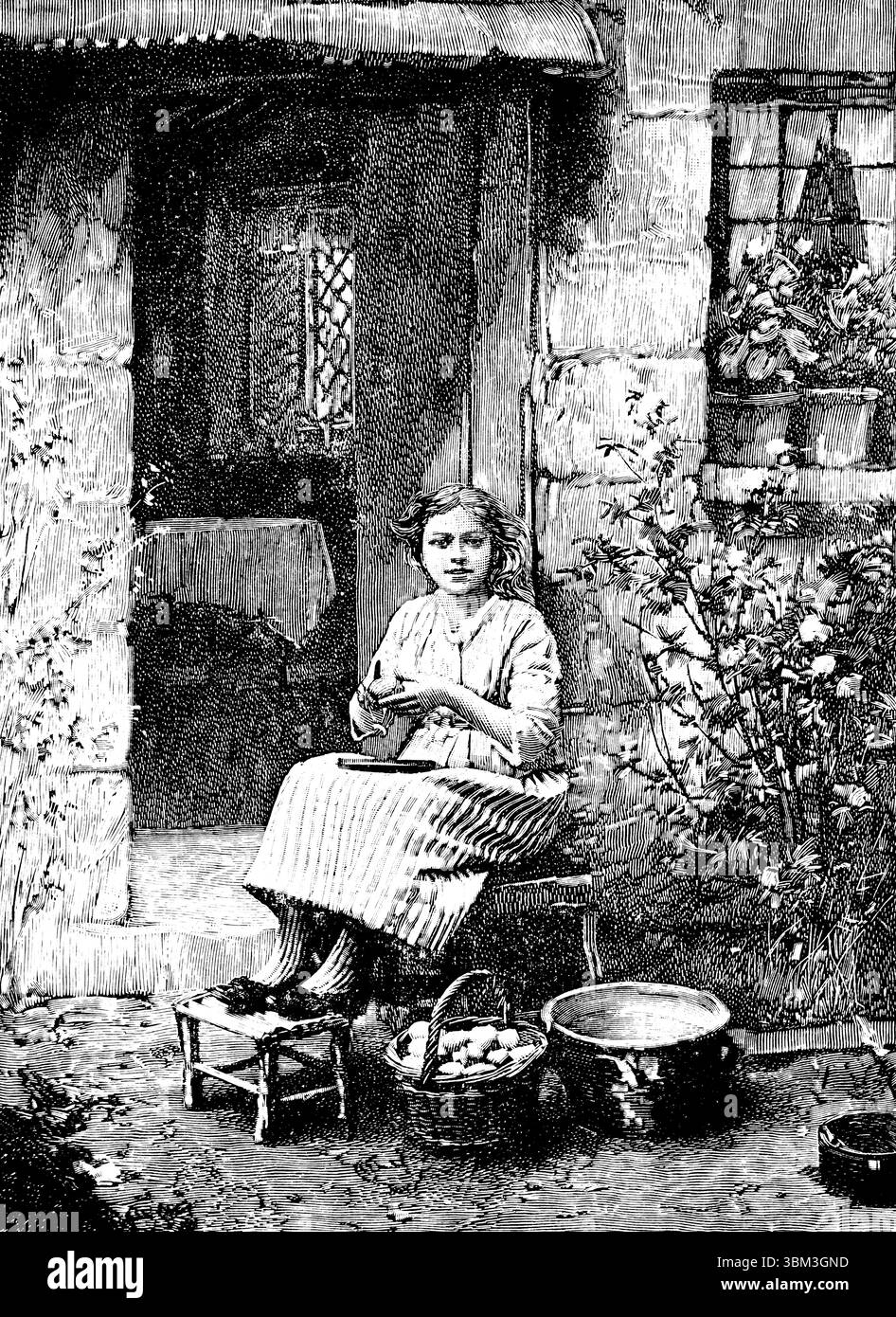Victorian domestic scene, woman peeling potatoes on country cottage ...