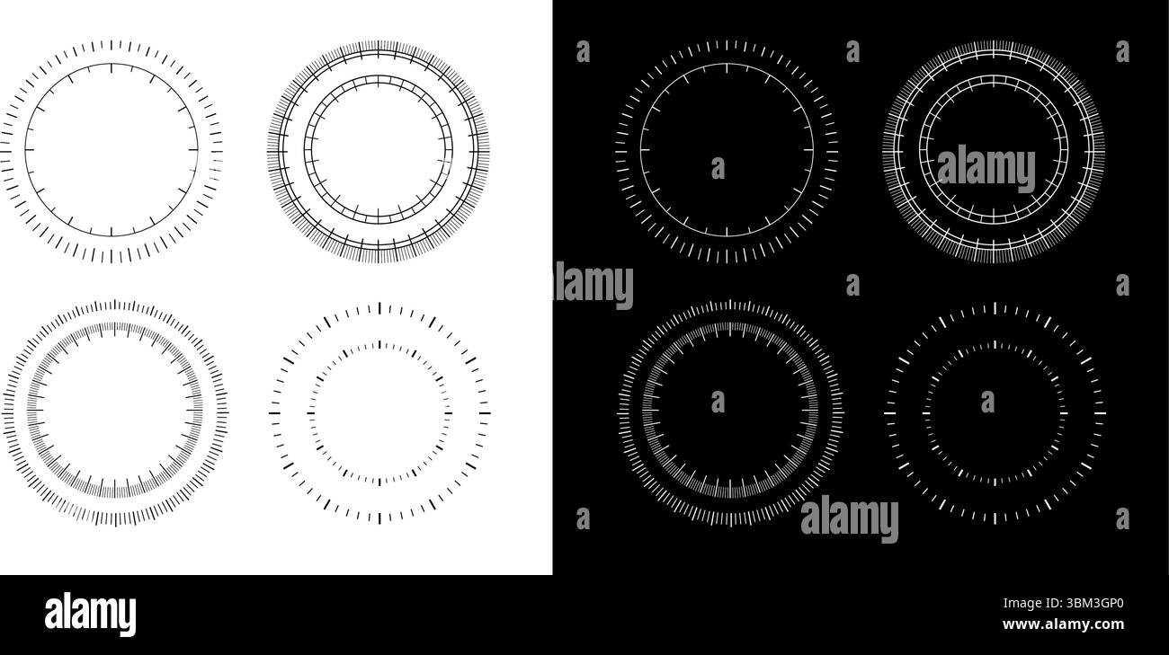 Circular measuring scales with radial tick marks and concentric numeric ...
