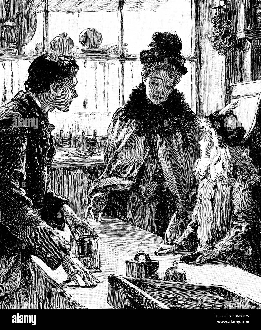 Victorian shopping, mother and daughter at clock shop counter, engraved ...