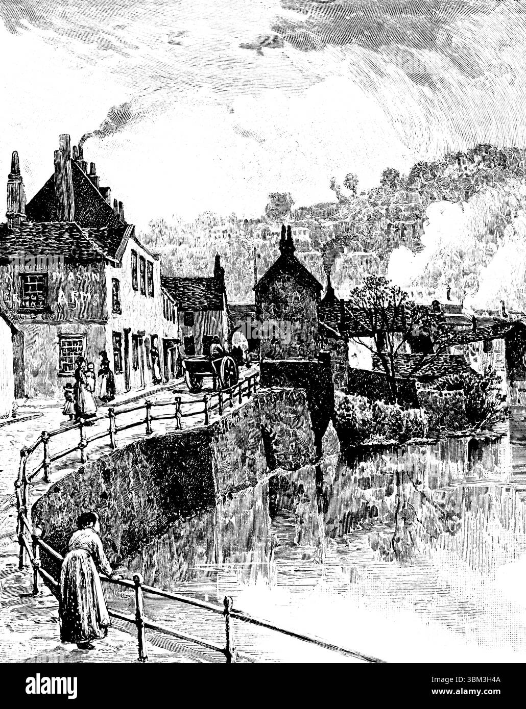 Victorian Bath, view from the Old City Bridge, engraved line ...