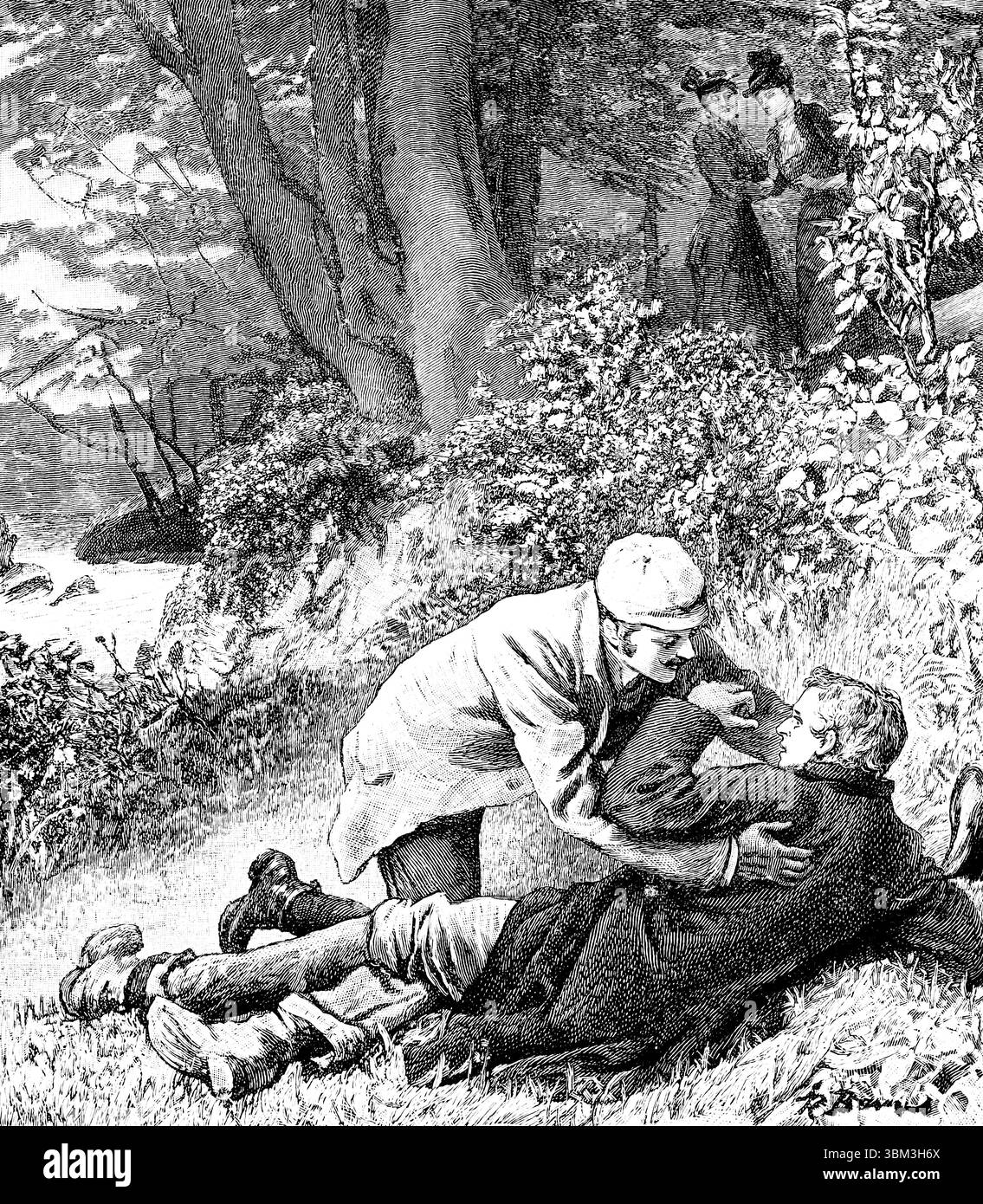 Victorian man finding unconscious vagrant in woods, engraved line ...