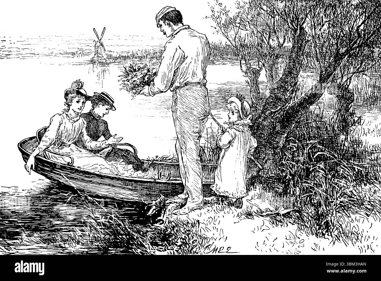 Victorian leisure, family boating on the Norfolk Broads, engraved line ...