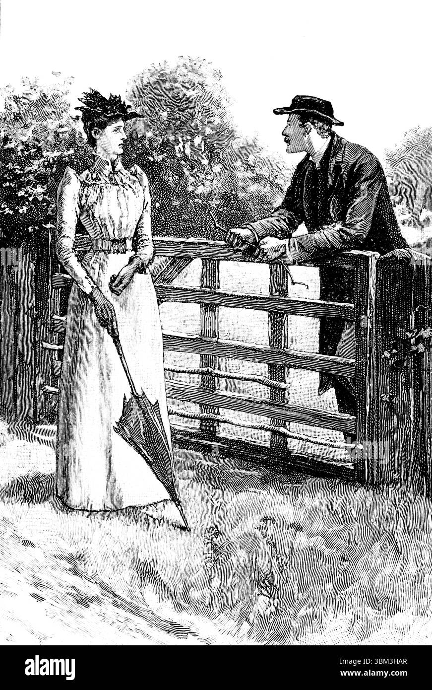 Victorian man on country walk talking to woman over farm gate, engraved ...