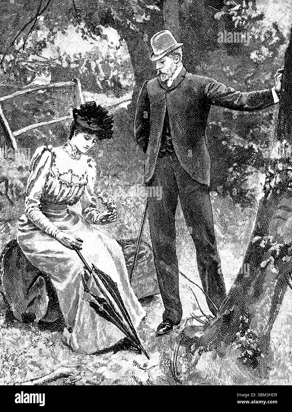 older Victorian man out for country walk with woman sat on log ...