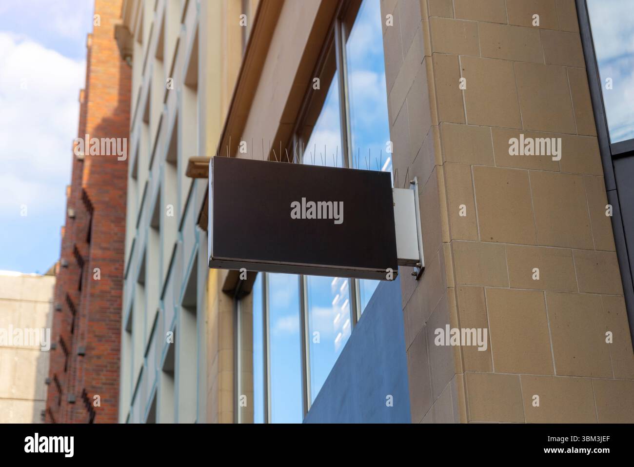 Black rectangular store sign with bird spikes on top, ideal for urban ...
