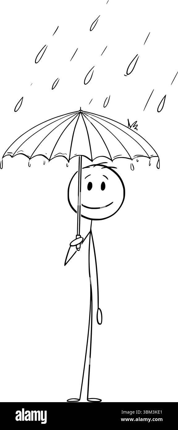 Happy smiling person with umbrella protected from rain drops , vector ...