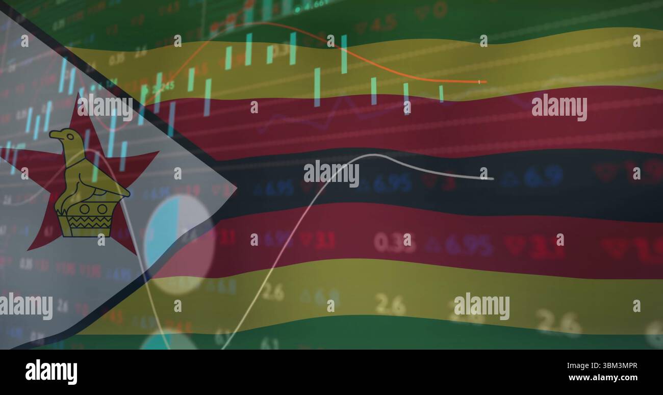 Overlaying Zimbabwe flag with candlesticks, line graphs, stock figures ...