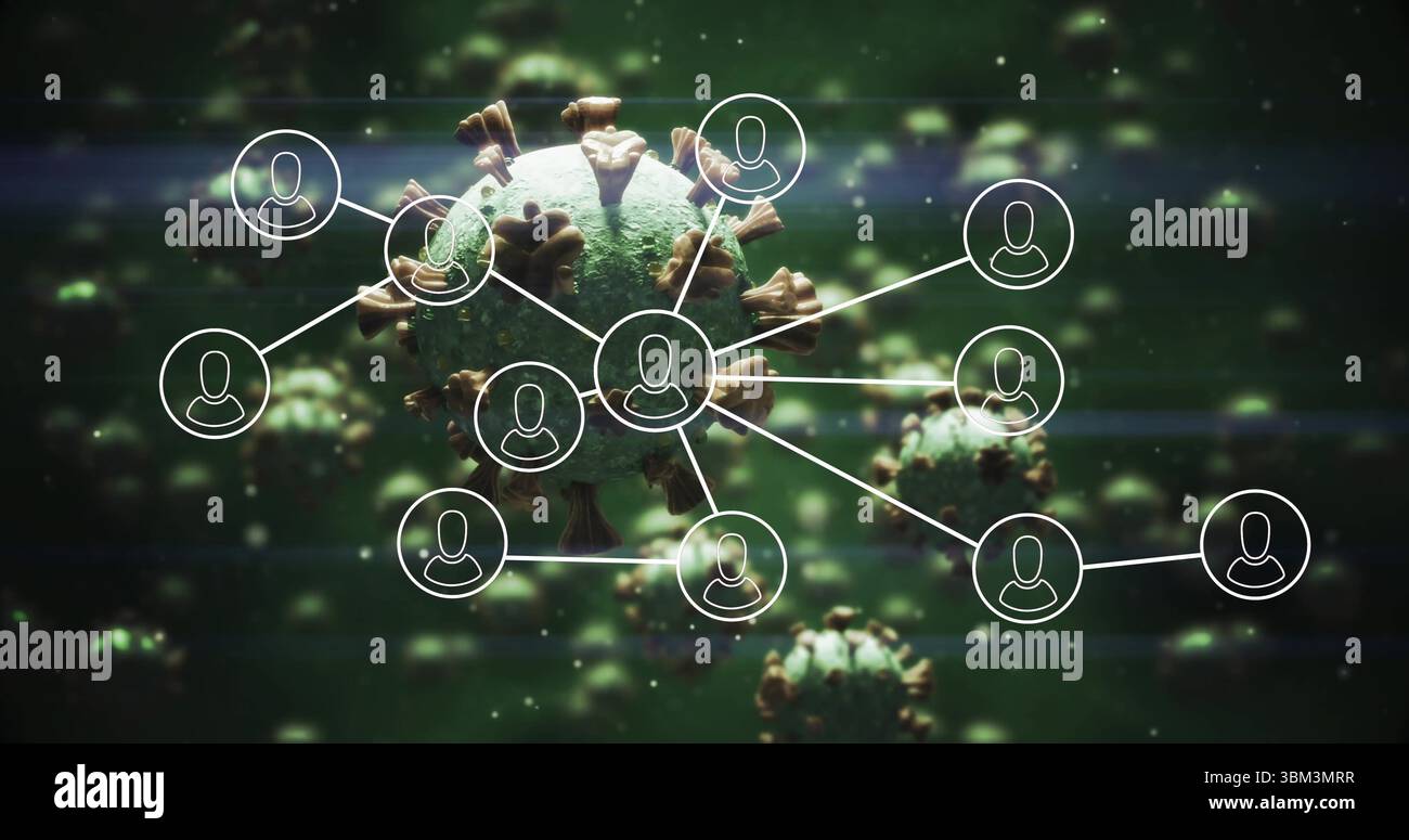 Displaying green virus with spike proteins connecting to white user ...
