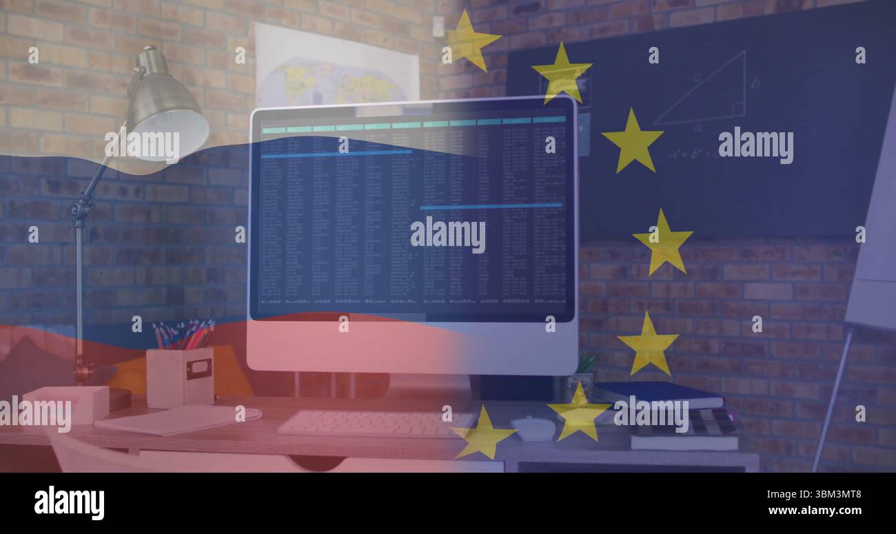 Showing computer monitor displaying code on desk with brick wall, map ...