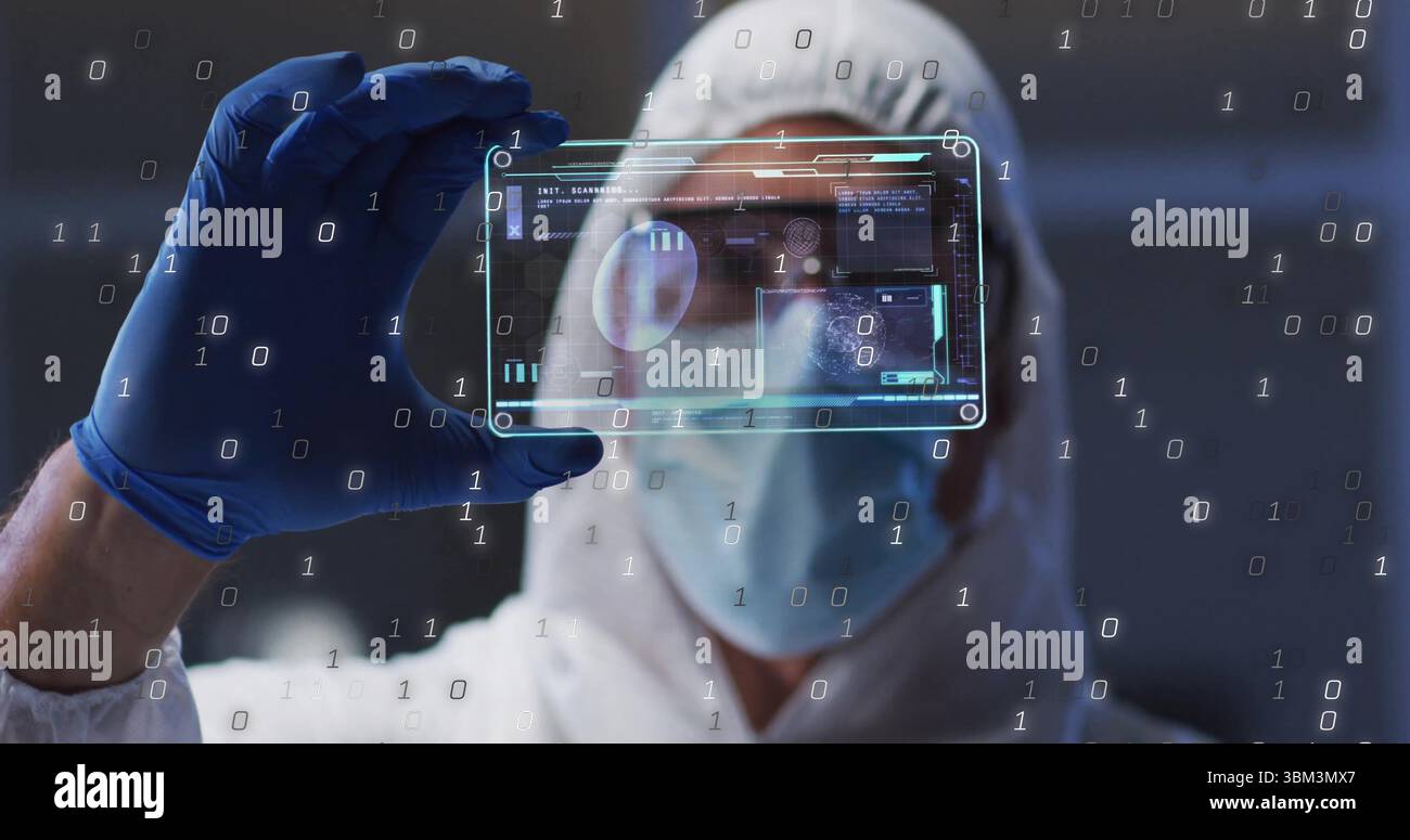 Inspecting man wearing suit, gloves, goggles adjusting digital display ...