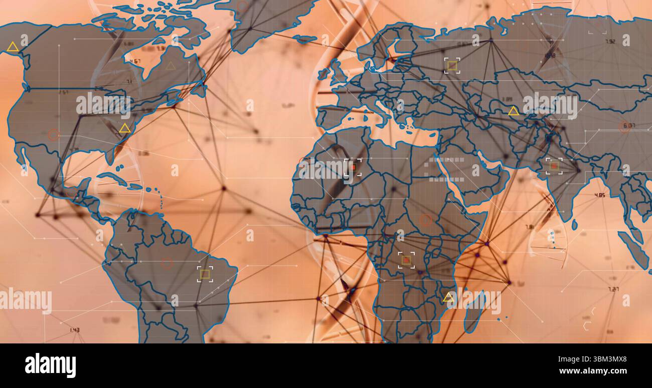 Displaying world map overlay connecting nodes at interface, with DNA ...