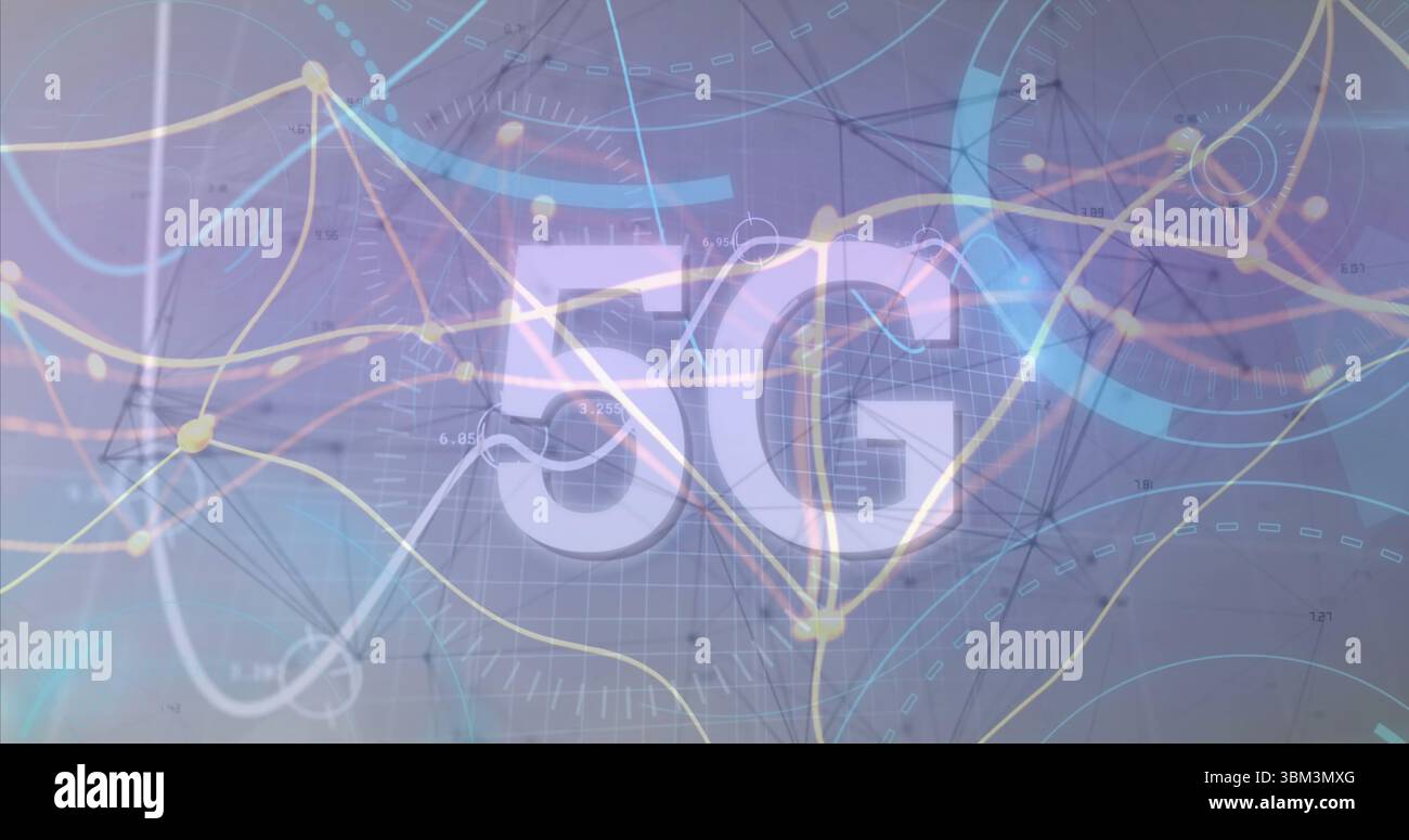 Displaying 5G label overlaying grid with glowing nodes, colorful lines and interface graphics ...