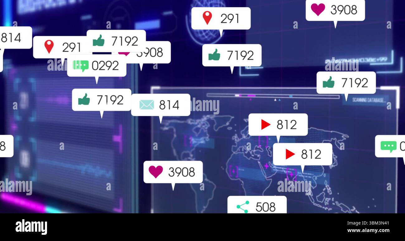 Displaying floating notification icons over dashboard, with numeric counters, world map and ...