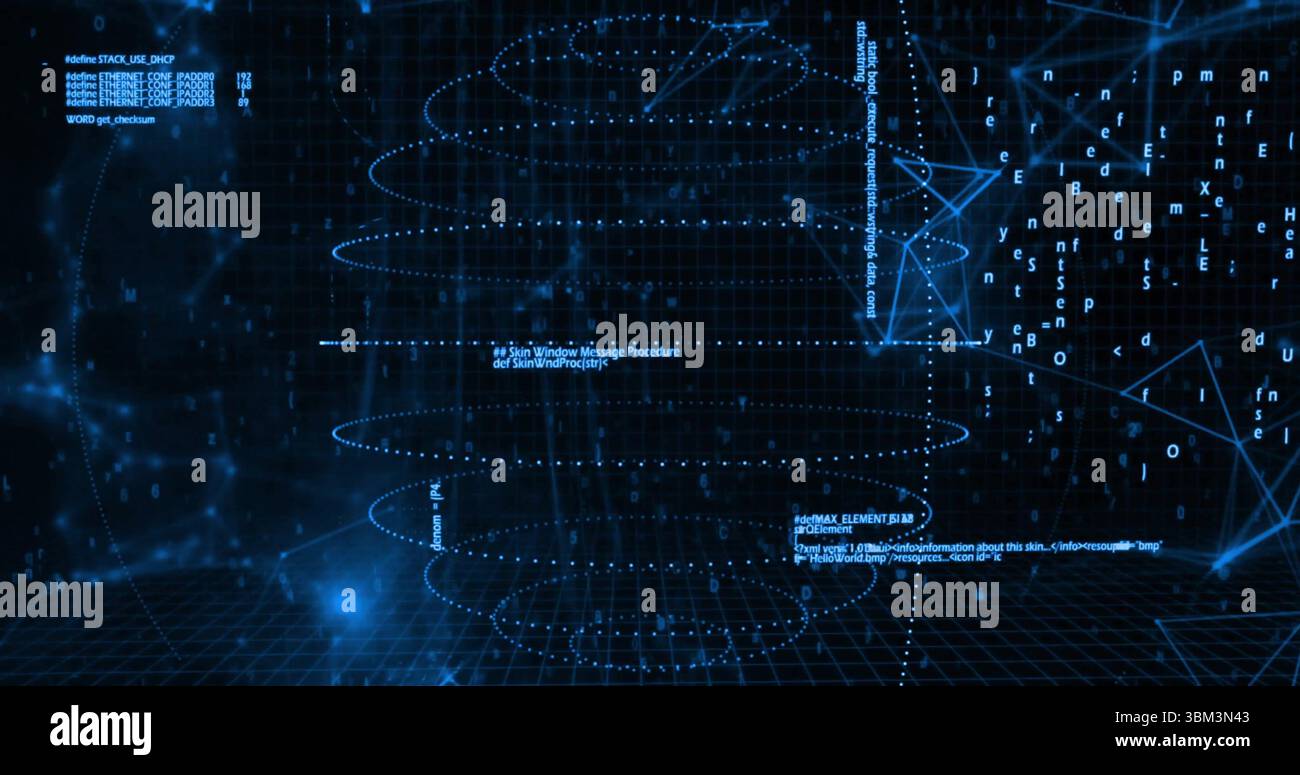 Swirling Dotted Elliptical Rings In Cyberspace With Glowing 3d Grid Floating Code Network