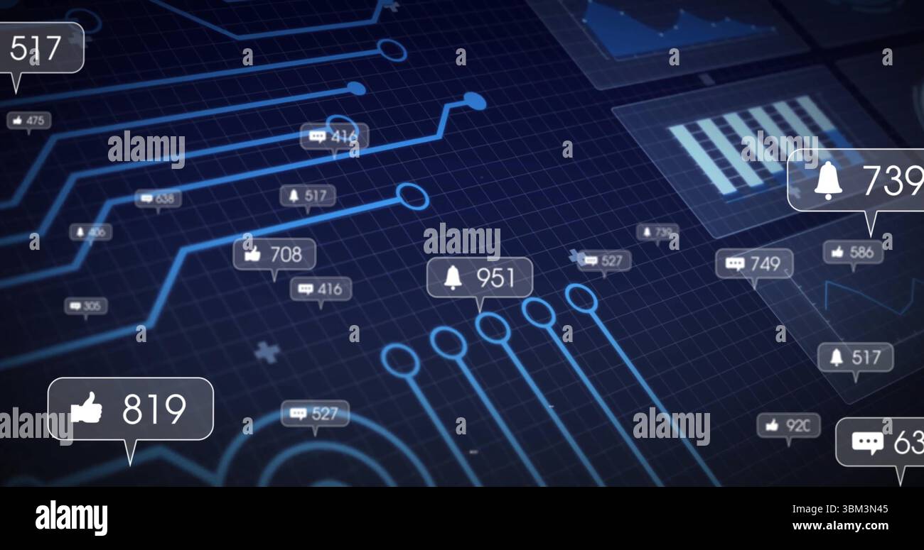 Floating bell notification bubble hovering over grid, with glowing ...
