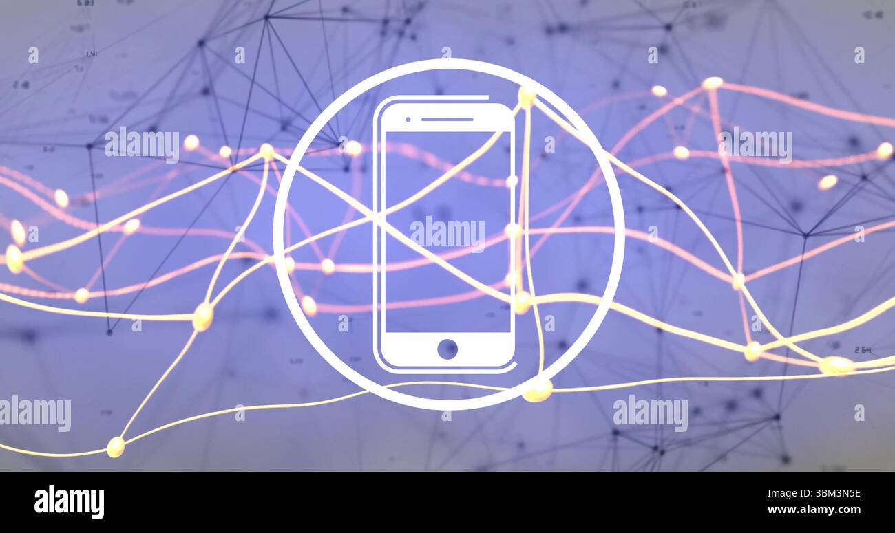 Displaying glowing nodes and connecting lines in network grid, with ...
