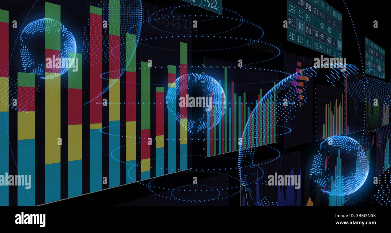Displaying vertical bar charts and globes in dark virtual data space with floating numeric ...