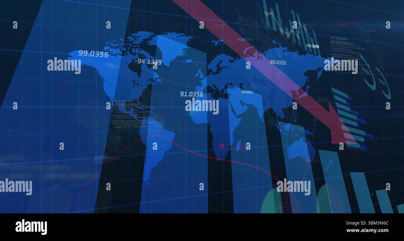 Displaying world map trending down on data analytics dashboard with vertical bar charts, red ...