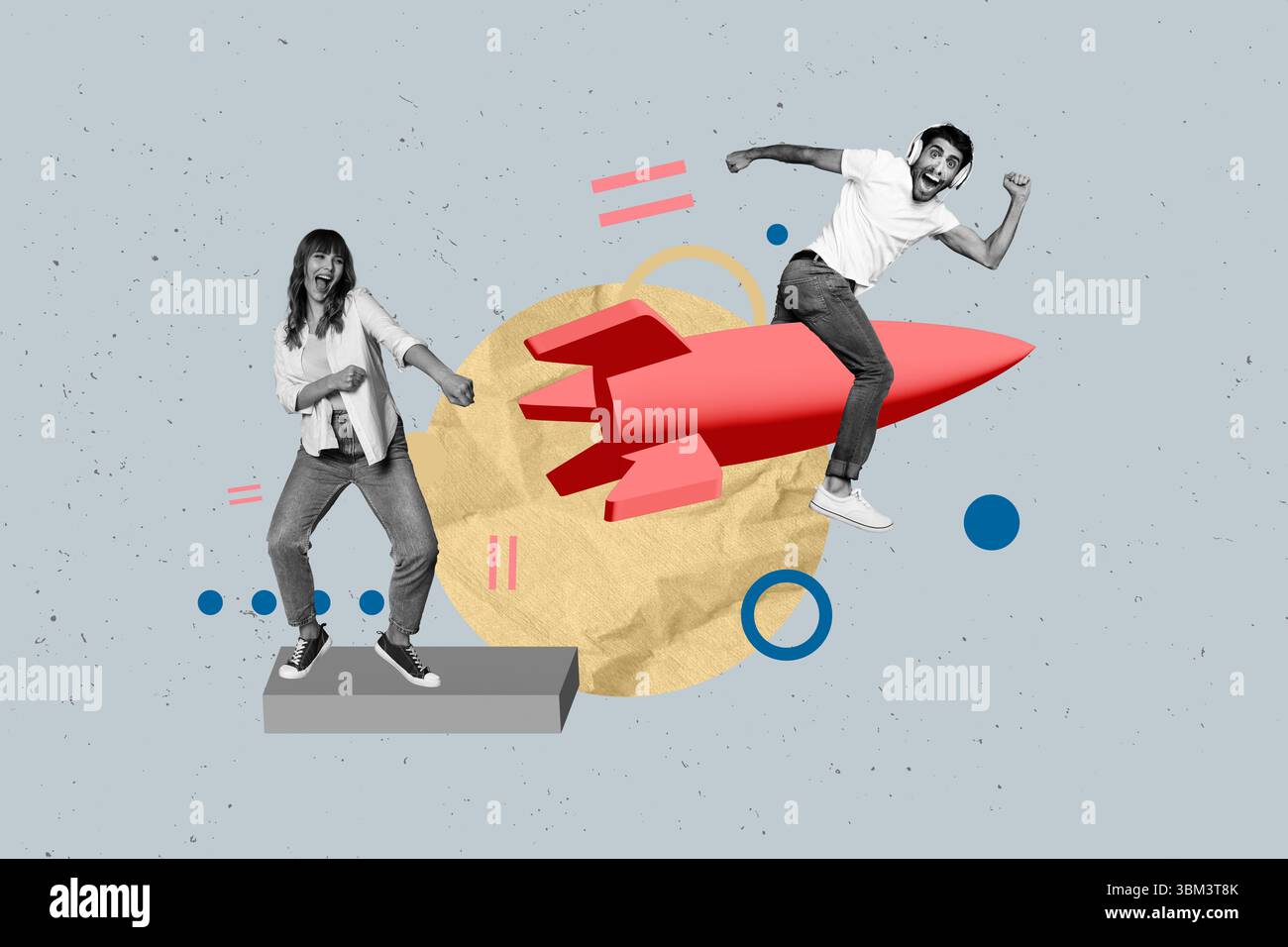 Banner trend collage of people dance victory steps launch rocket on ...