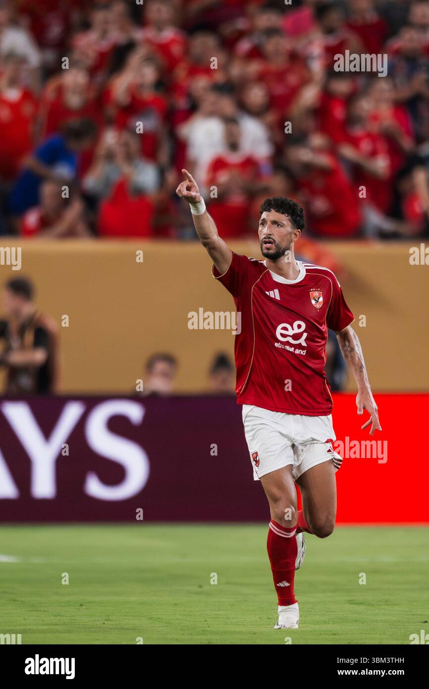 Wessam Abou Ali of Al Ahly FC celebrates after scoring the opening goal ...