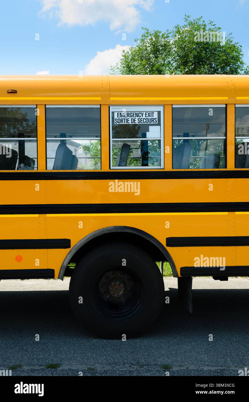 Emergency exit window on the side of a school bus above the rear wheel ...