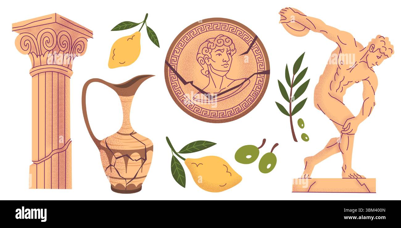 Ancient Greek doodle set with column, coin showing profile, discus ...