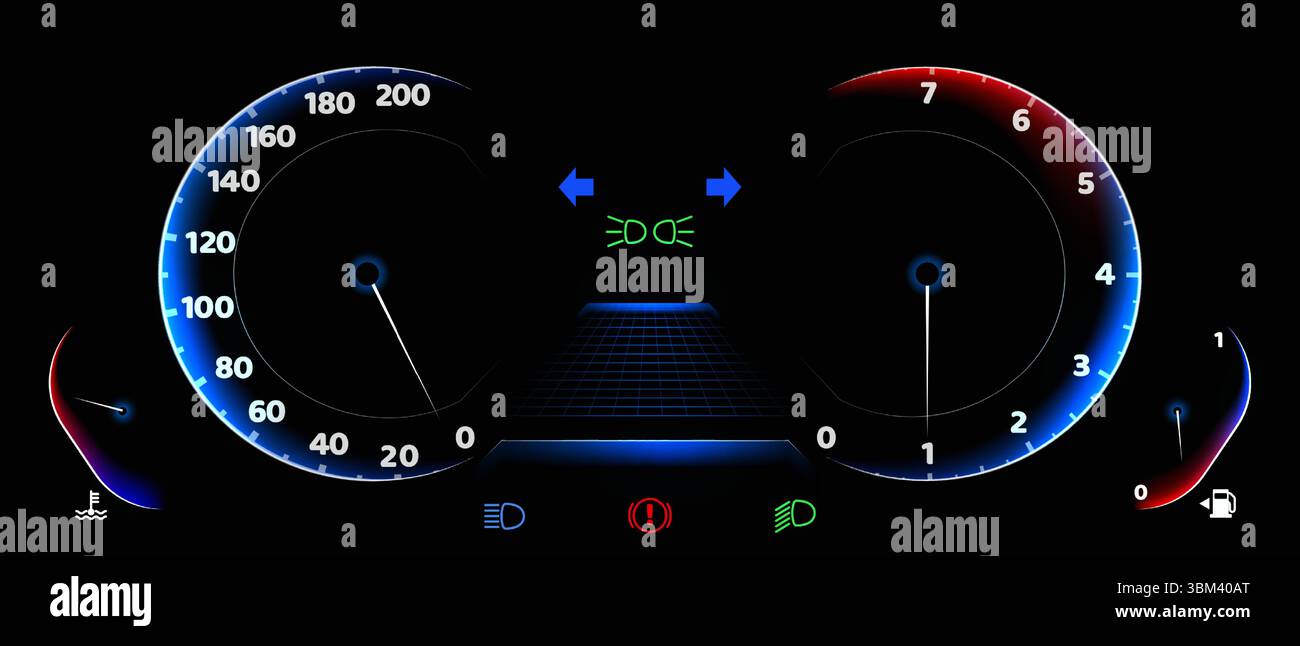 Car dashboard speedometer display with blue illuminated gauges showing ...
