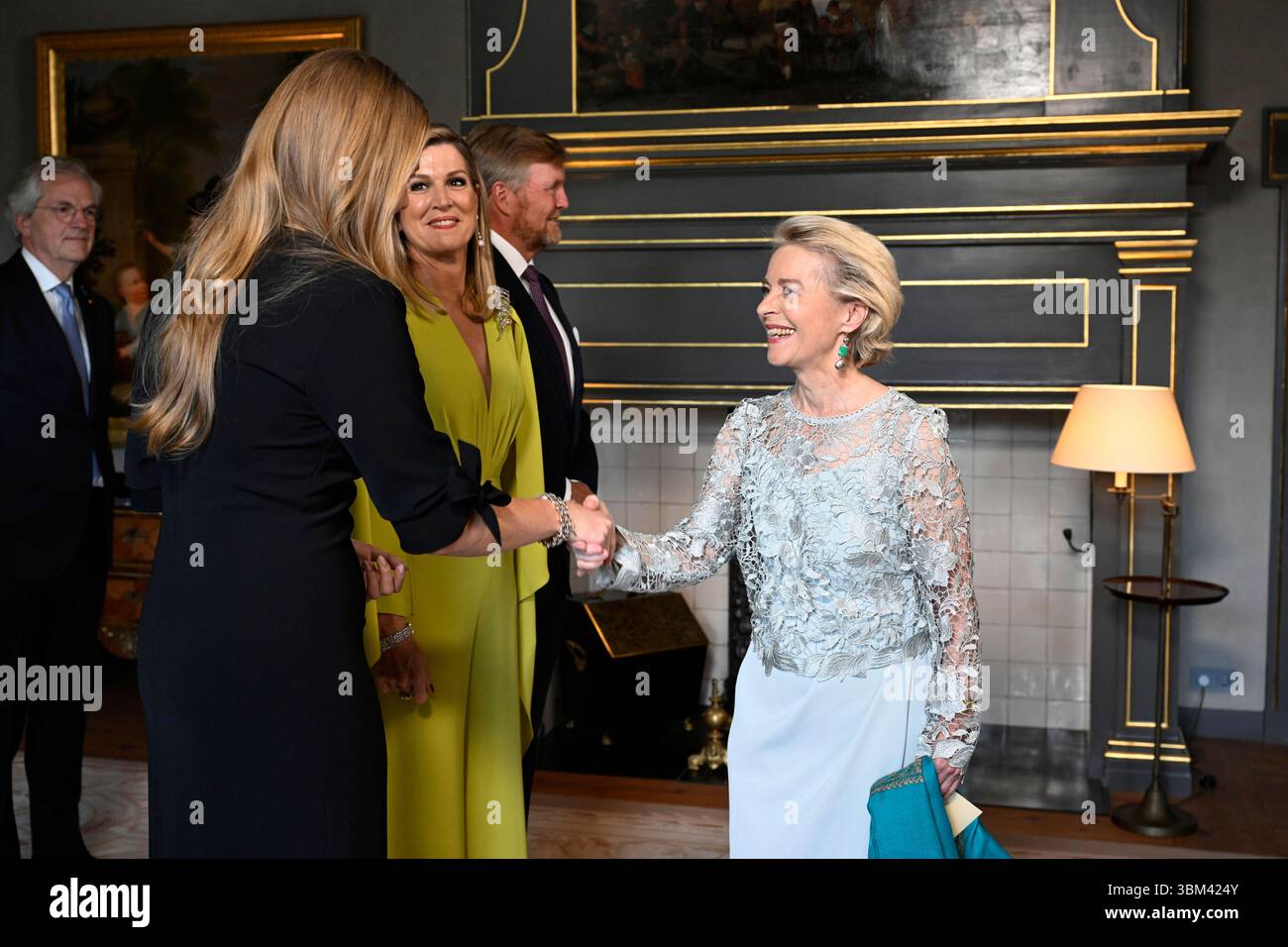 European Commission President Ursula von der Leyen, right, is welcomed by Netherland's King ...