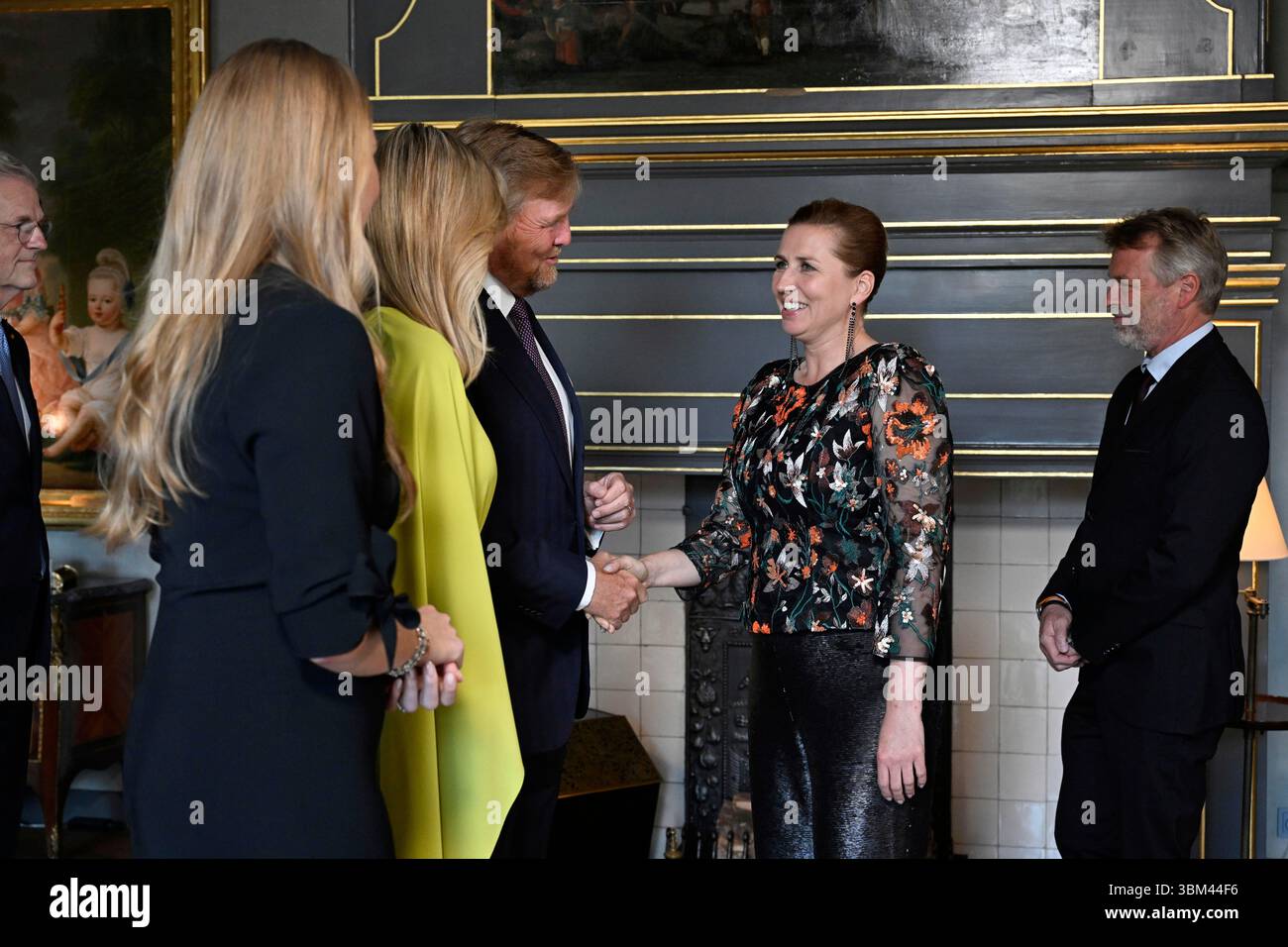 Denmark's Prime Minister Mette Frederiksen, second right, is welcomed by Netherland's King ...