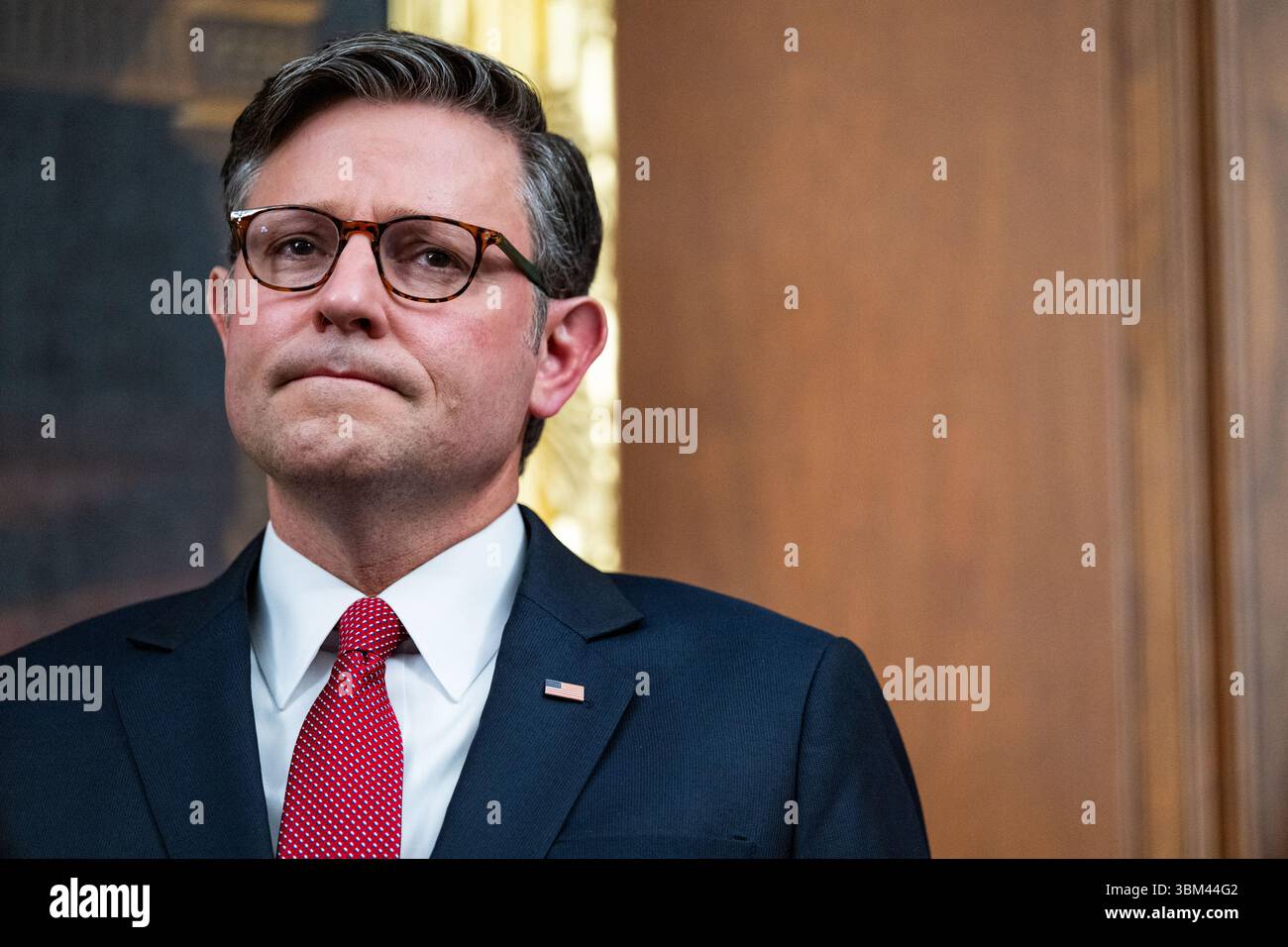 Speaker of the House Mike Johnson, R-LA, at a press conference at the U ...