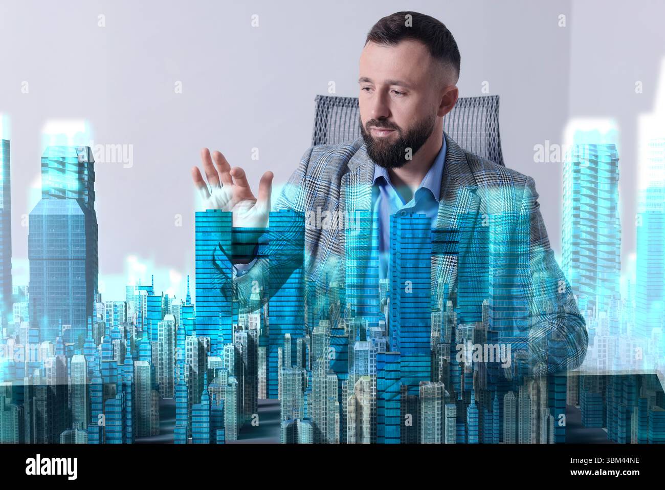 Building information modelling. Man using holographic projection of ...