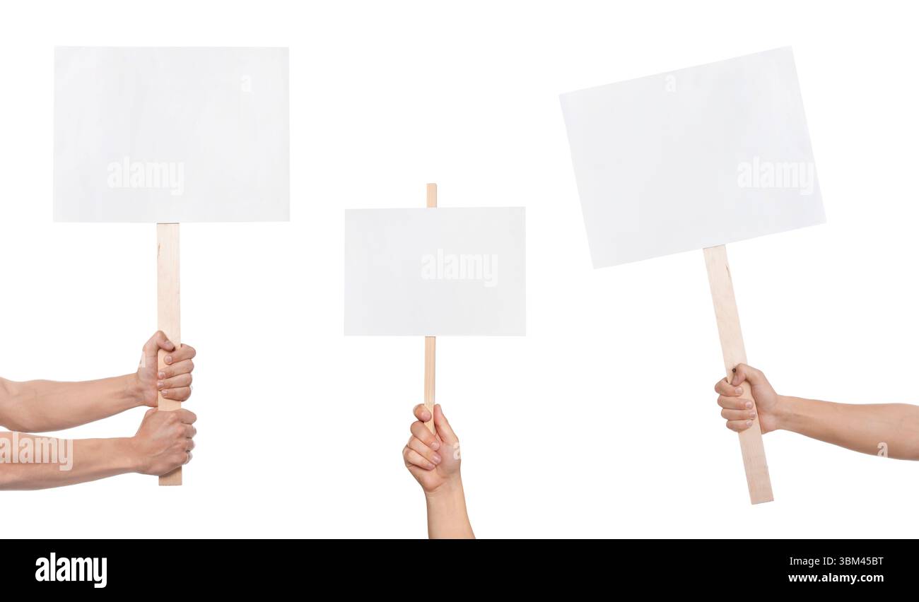 Group of people holding blank signs on white background, closeup ...