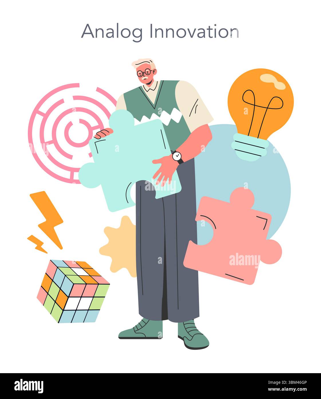 Analog innovation concept. Senior man with puzzle pieces, bulb, and ...