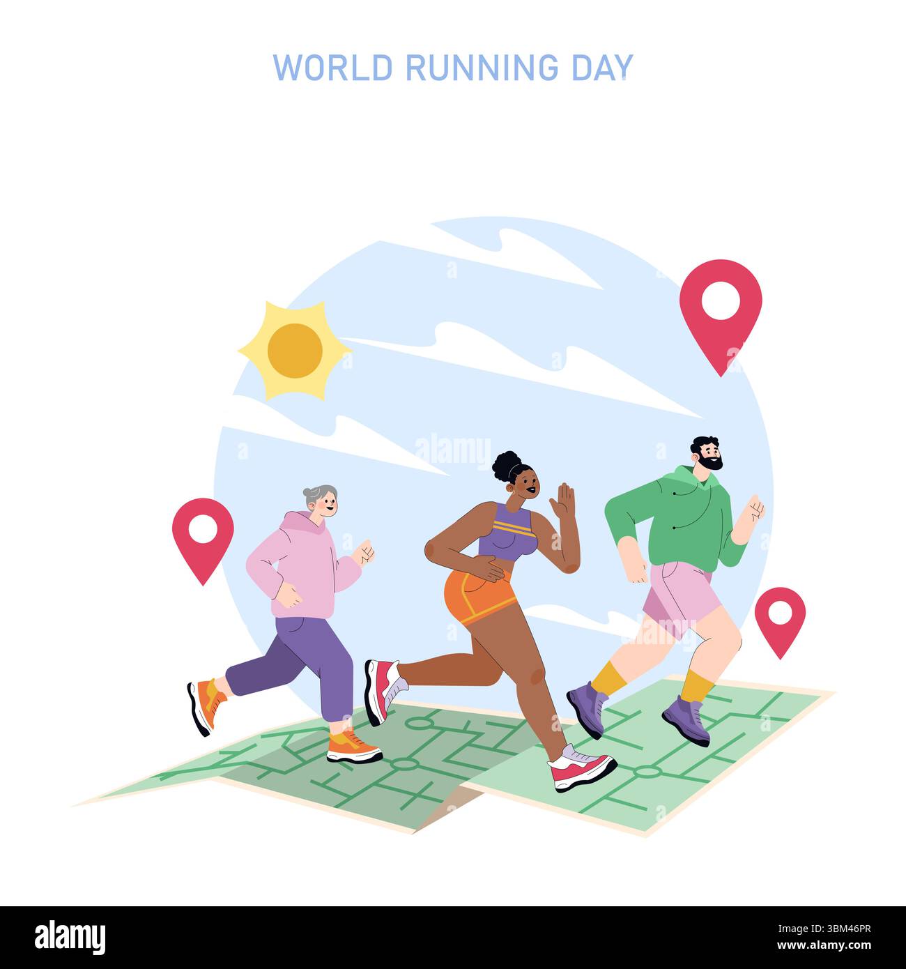World Running Day concept. People of different backgrounds running ...