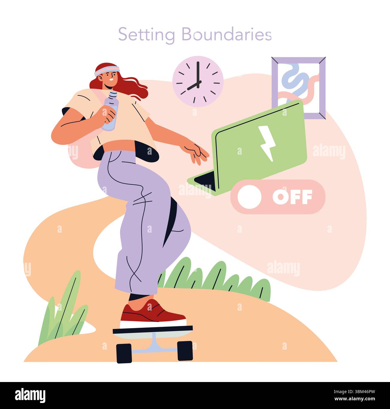 Setting Boundaries Concept. Woman on a skateboard switches off a laptop, promoting work-life ...