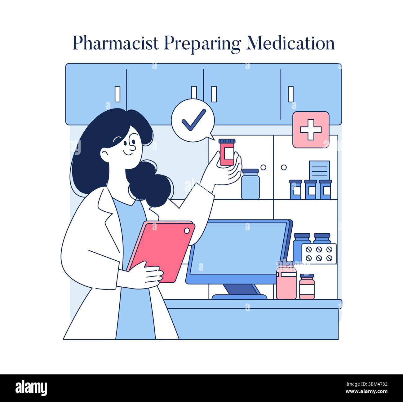 Pharmacist preparing medication in a pharmacy setting. The professional ...