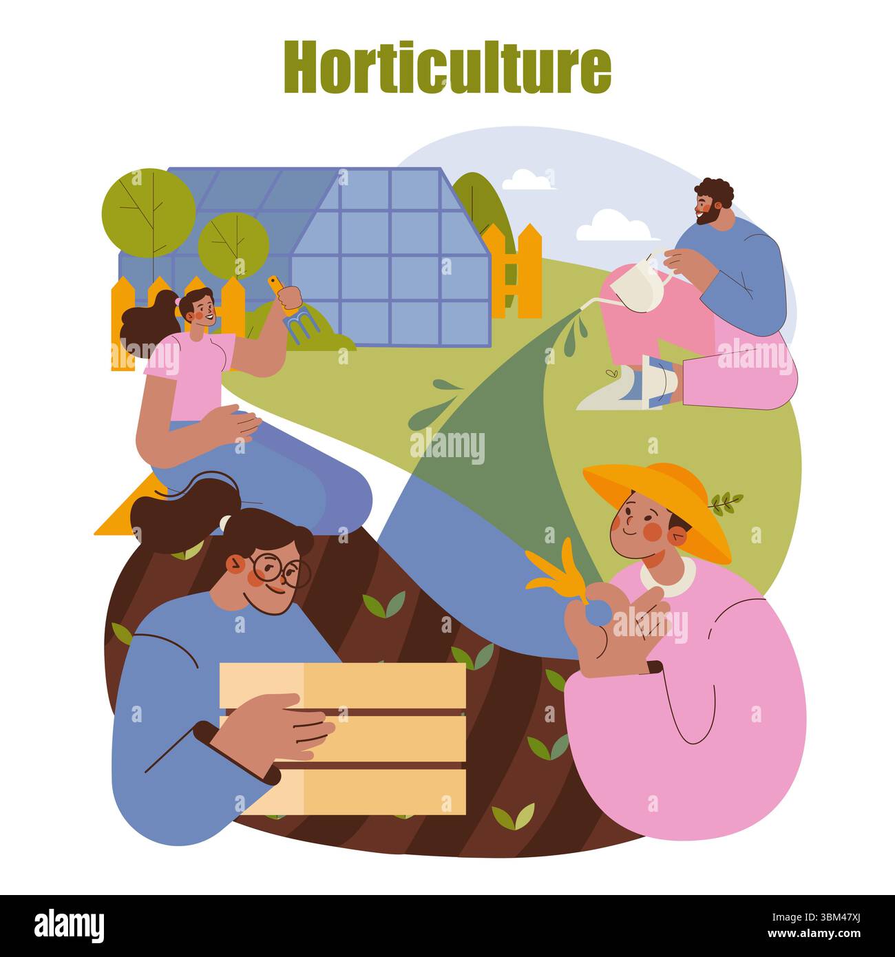 Horticulture concept. People growing plants, watering, harvesting ...