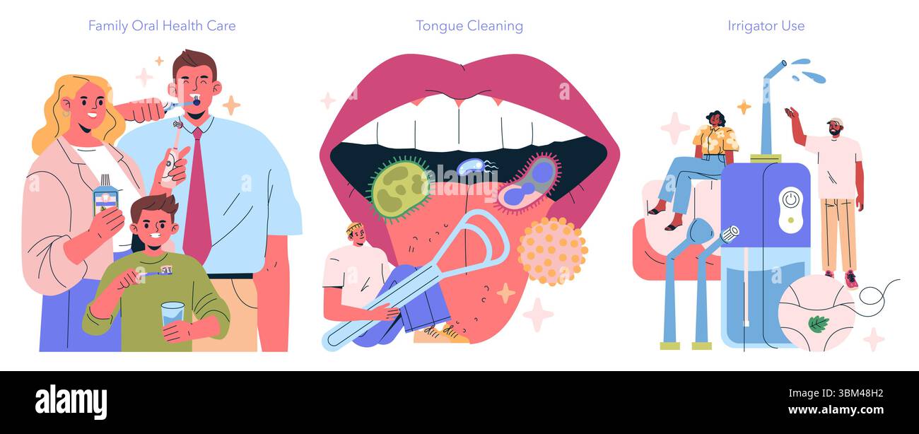 Illustration of a family practicing oral health care with toothpaste ...