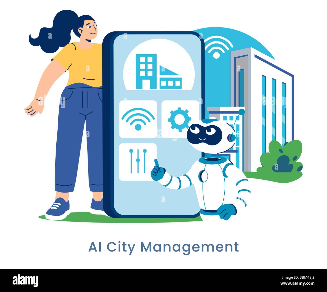 AI city management concept. Illustration depicts a woman interacting ...