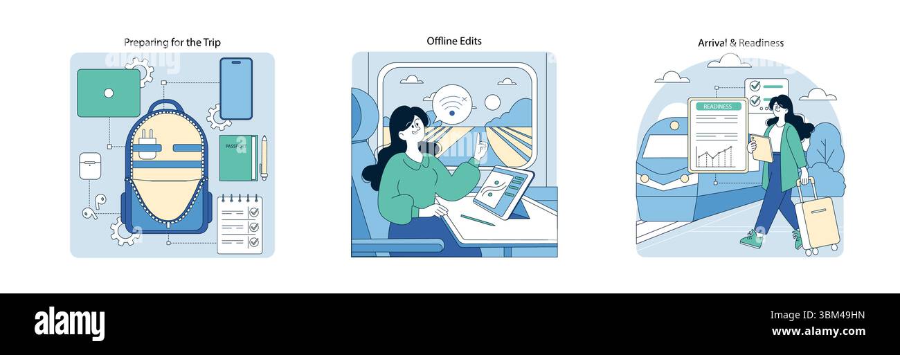 Vector illustration detailing key stages of a travel workflow ...